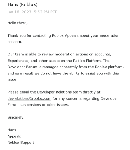 No way to appeal? - Forum Features - Developer Forum | Roblox