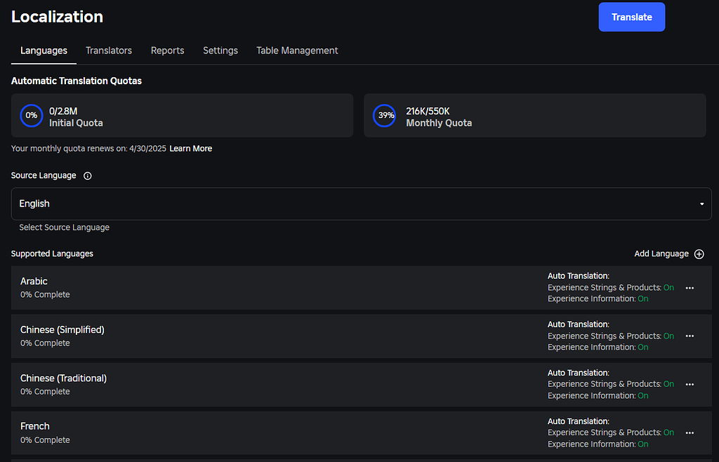 Localization always 0%, Table Management error - Creator Hub (create.roblox.com) Bugs ...