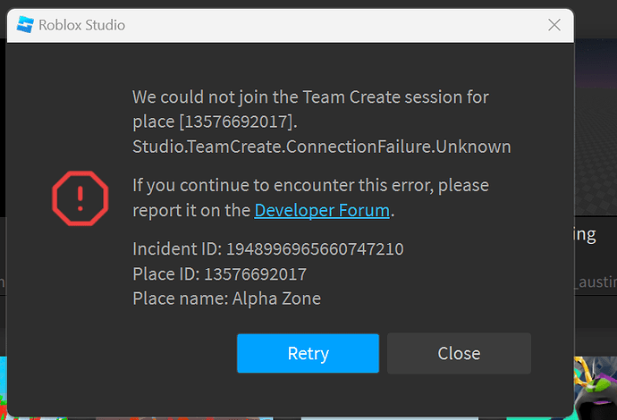 Cannot connect to group team create places - Studio.TeamCreate.ConnectionFailure.Unknown ...