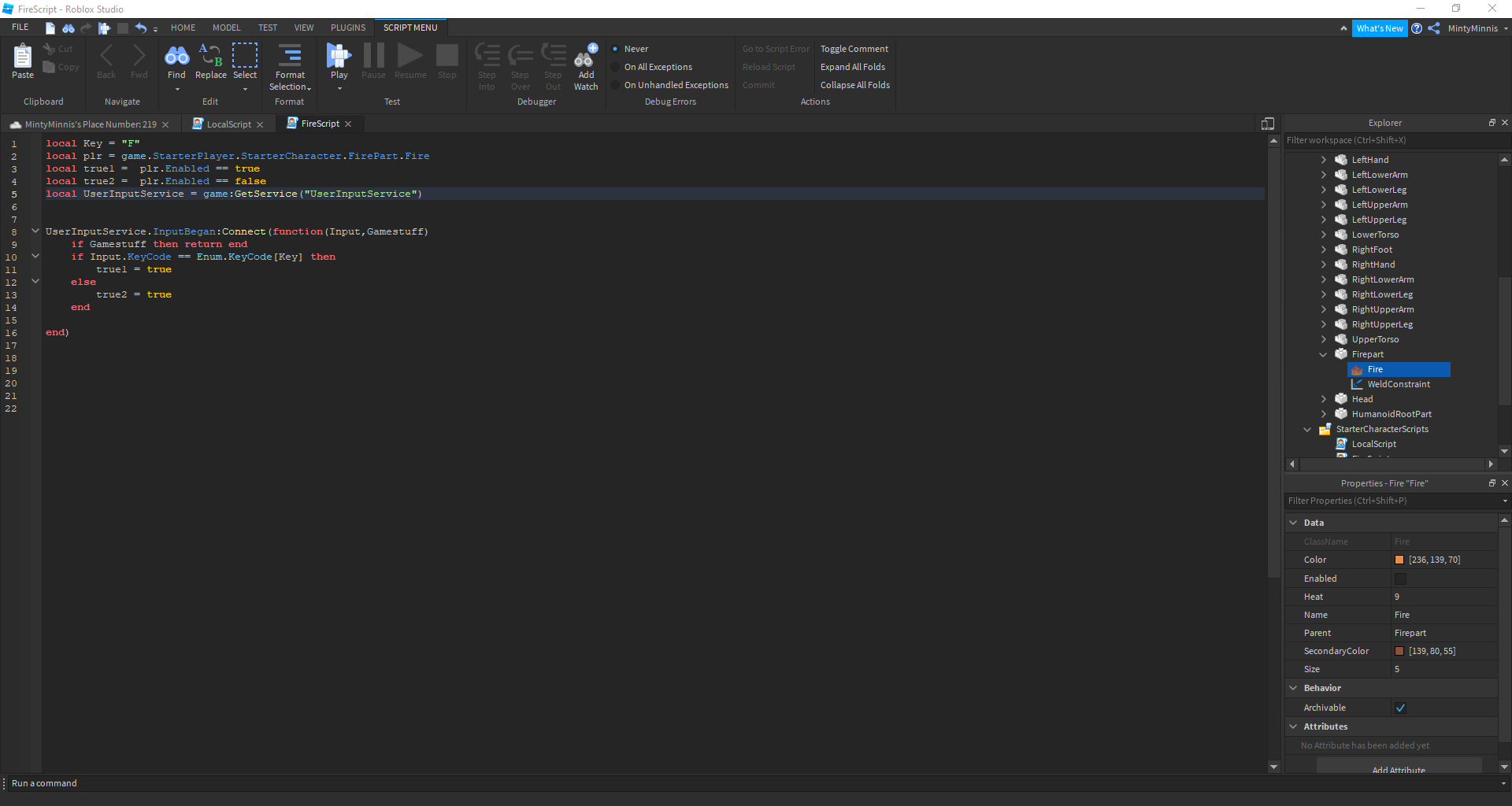 Need help on Keycodes Enabling fire - Scripting Support - Developer Forum | Roblox