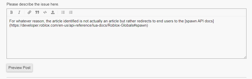 Preview Markdown in Bug Report Wizard narrows width - Forum Bugs - Developer Forum | Roblox