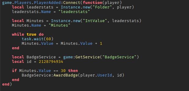 I want to give a badge when the value (Minutes in the leadboard) is 30 ...