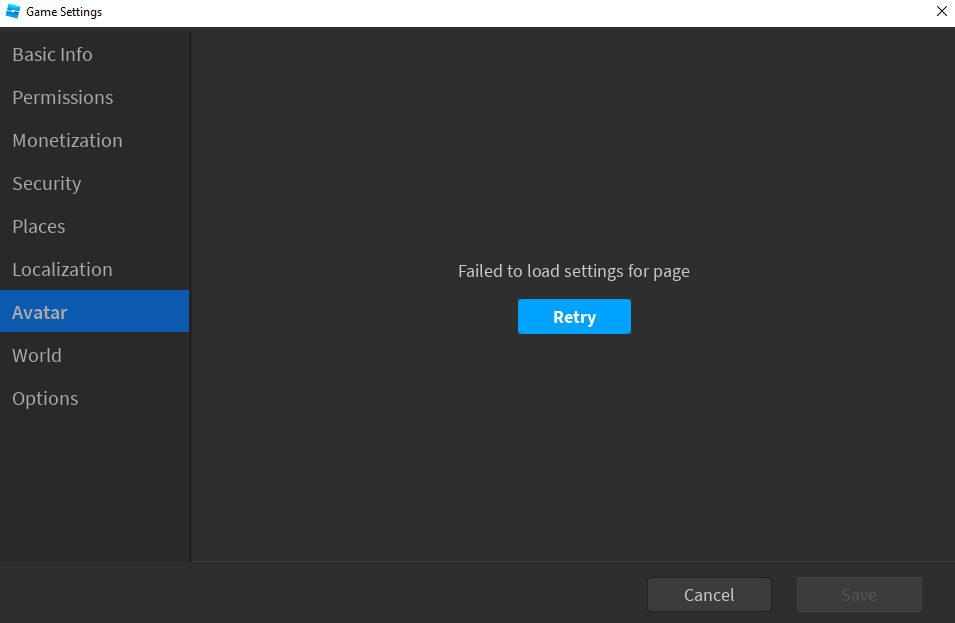 Game Settings > Avatar > Failed To Load Settings For Page? - Scripting Support - DevForum | Roblox