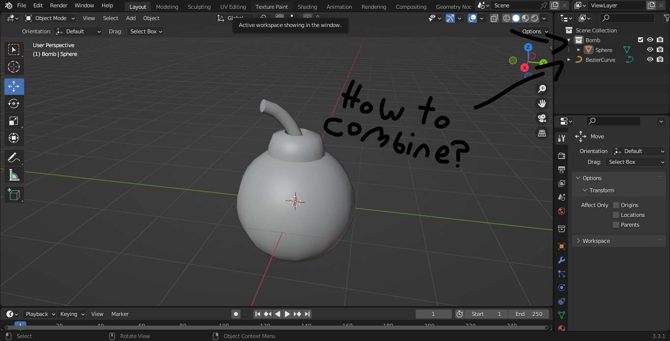 How Do I Merge A Bezier Curve And Sphere In Blender So That I Can Make One Texture For Both Mesh 