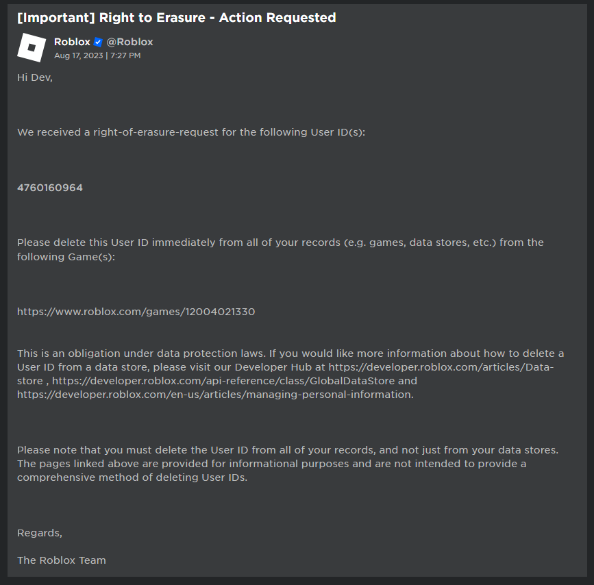 Right to Erasure - Action Requested - Platform Usage Support - Developer Forum | Roblox