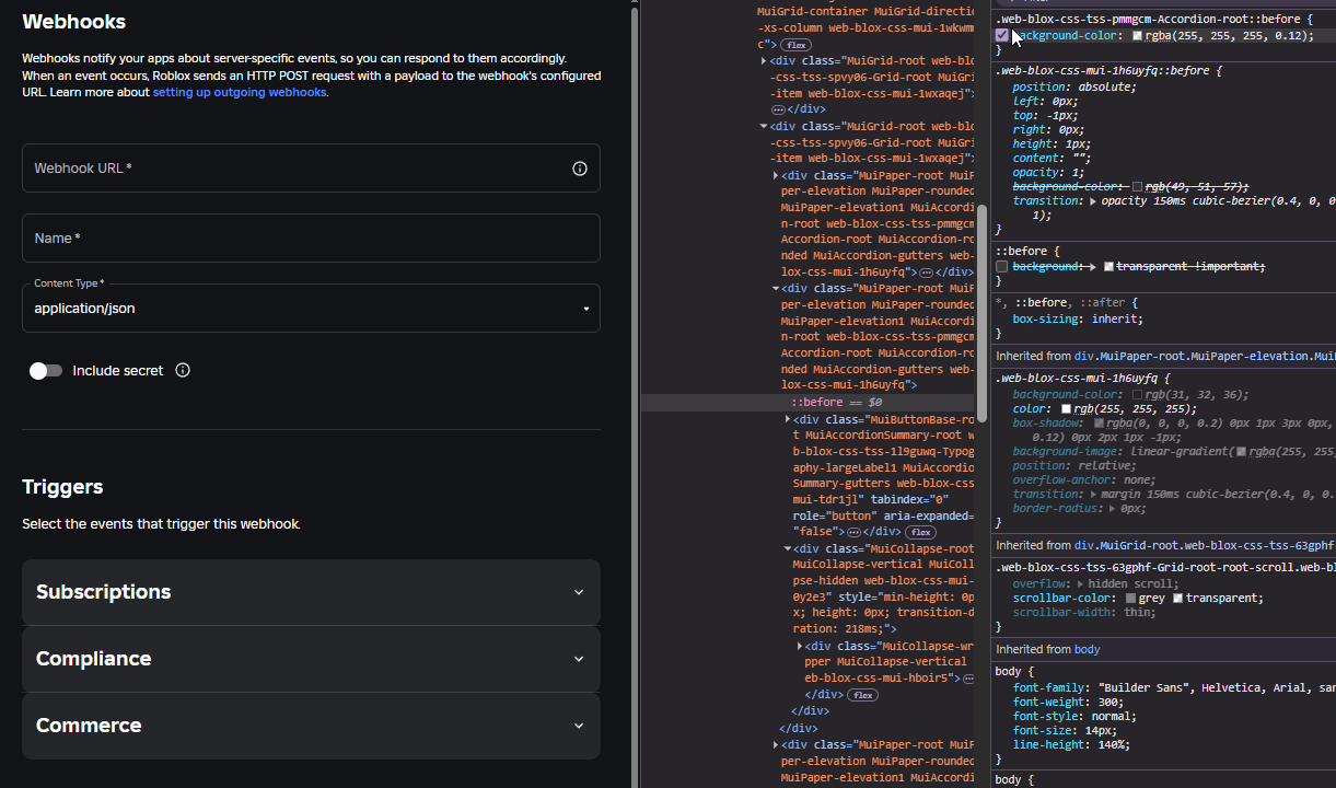 Bad accordion styling on webhooks page - Creator Hub (create.roblox.com ...