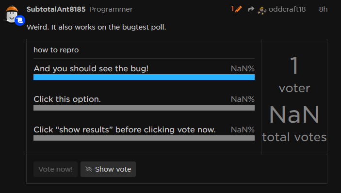 Poll Glitched to NaN% - Forum Bugs - Developer Forum | Roblox