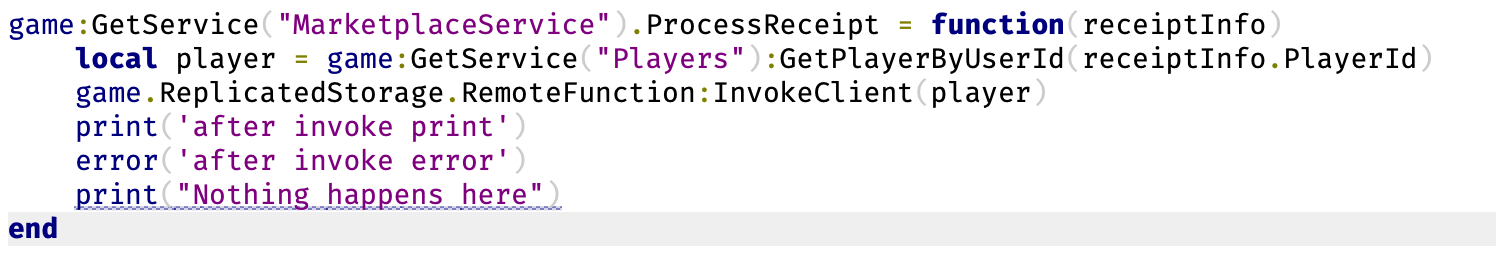 ProcessReceipt + InvokeClient breaks error log - Studio Bugs - Developer Forum | Roblox