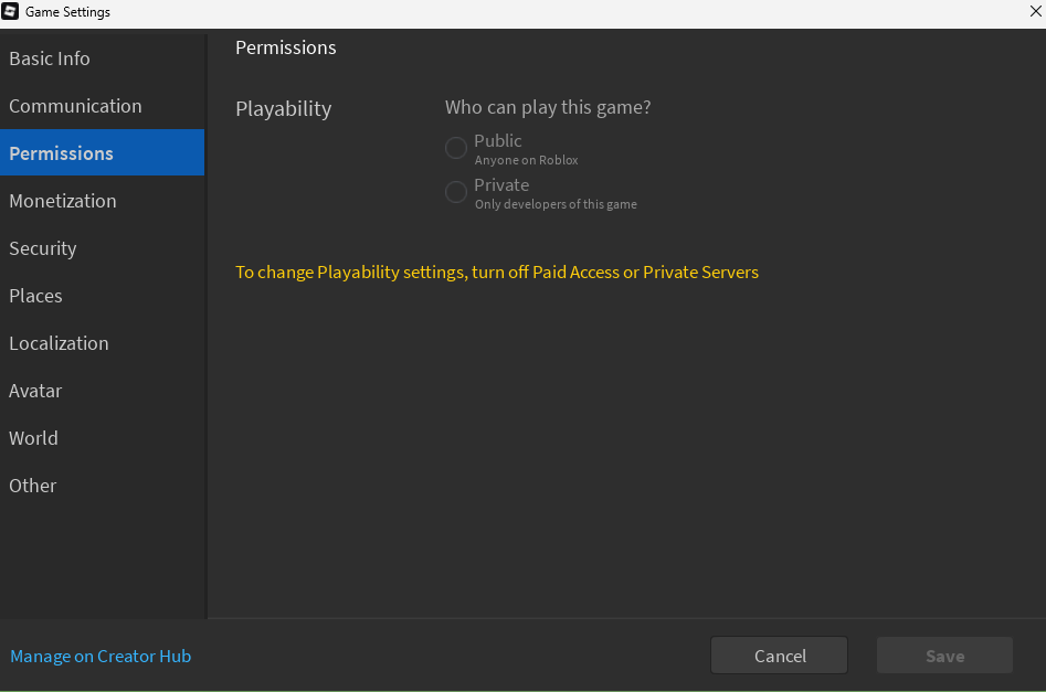 Cant publish my game anymore. It is displayed as paid access in studio altough it is turned off ...