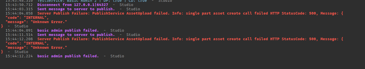 Server Save Failure: PublishService AssetUpload failed (Internal server error) - Studio Bugs ...