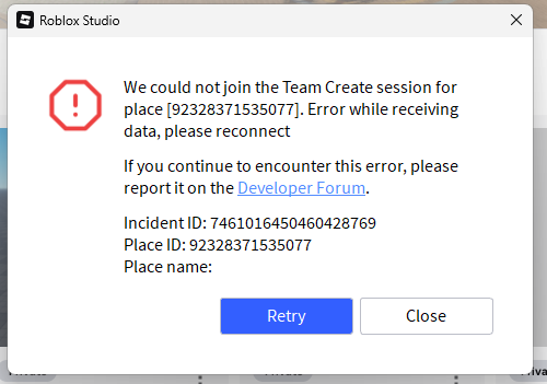 Completely unable to enter Team Create session: Error while receiving data [Server Authority ...