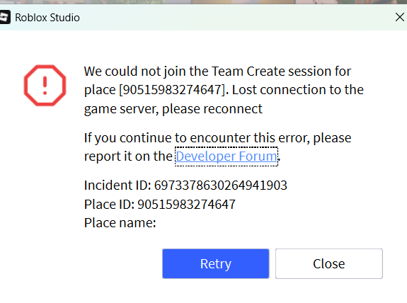 "We could not join the team create session for place ___. Lost ...