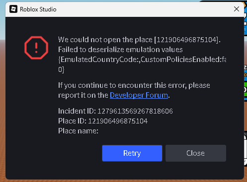 Studio fails to open place: "Failed to deserialize emulation values ...