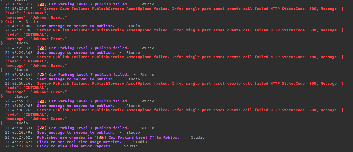 Server Save Failure: PublishService AssetUpload failed (Internal server error) - Studio Bugs ...