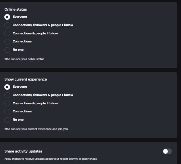 "No one" option missing from "Privacy > Visibility & private servers ...