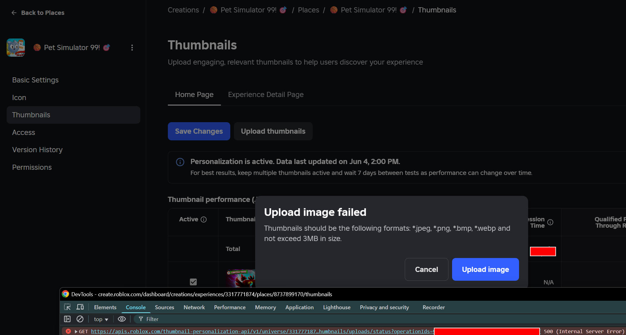 Cannot upload AB test thumbnails - Creator Hub (create.roblox.com) Bugs ...