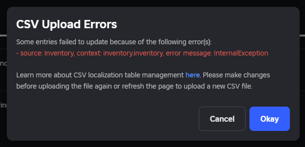 [Localization] - Internal errors upon uploading .csv - Studio Bugs - Developer Forum | Roblox