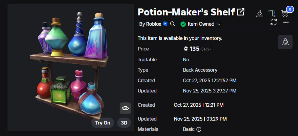 Potion-Maker’s Shelf Item Hasn't Gone Offsale - Catalog Asset Bugs ...