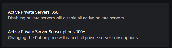 Enabling private server costing robux shows 100+ subscriptions ...