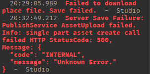 Server Save Failure: PublishService AssetUpload failed (Internal server error) - Studio Bugs ...