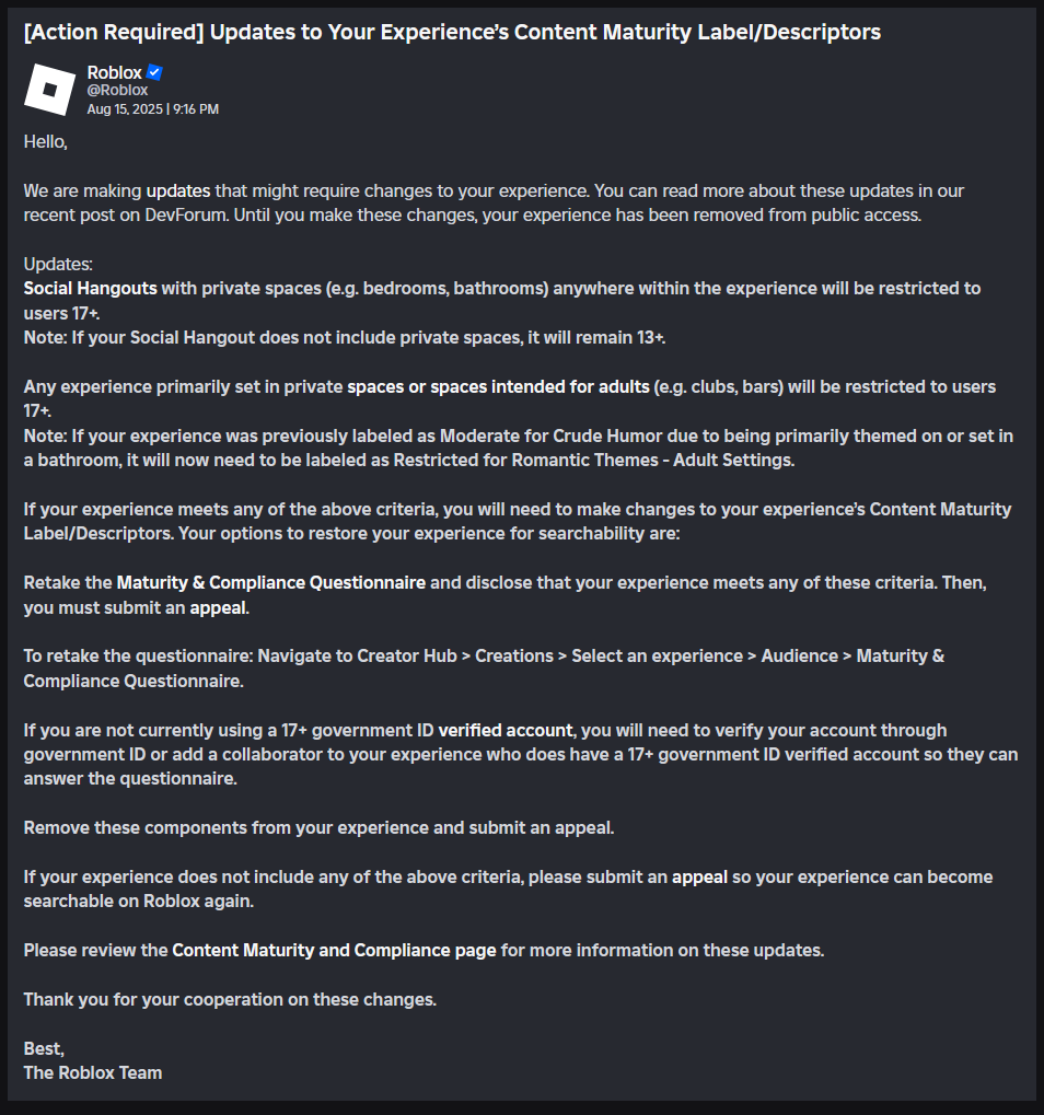 Game suddenly shadowbanned with no warning - Roblox Application and ...