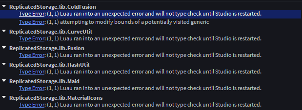 Luau ran into an unexpected error and will not type check issue persists - Studio Bugs ...