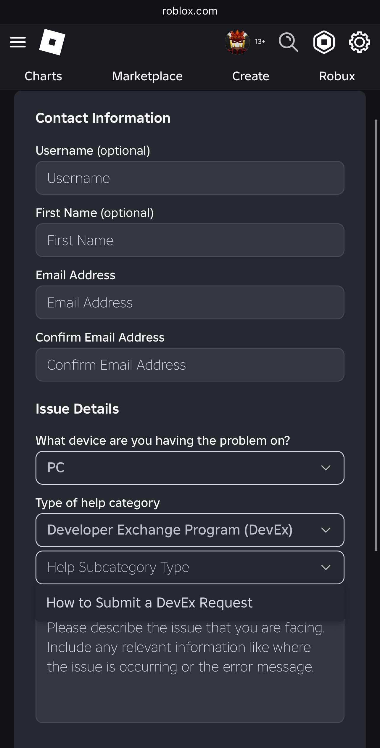 Unable to Make a Support Ticket to DevEx - Roblox Application and Website Bugs - Developer Forum ...