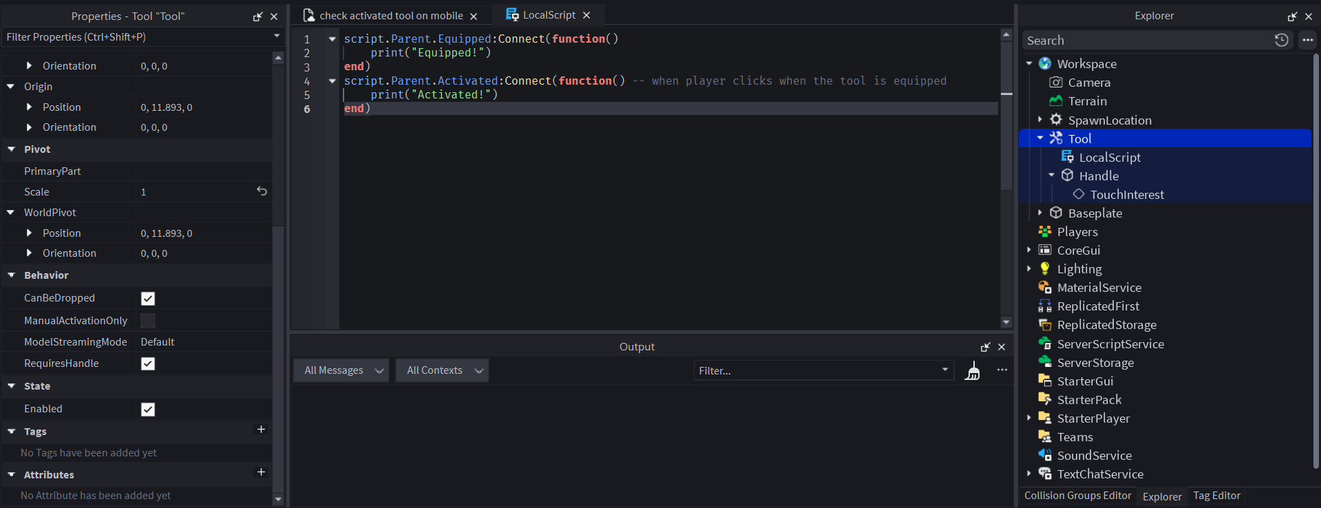 Activated tool function not firing on mobile - Scripting Support - Developer Forum | Roblox