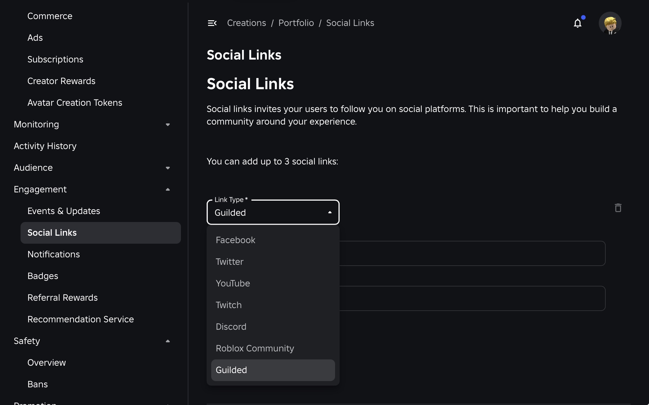 Guilded still an Option for Social Links - Creator Hub (create.roblox ...
