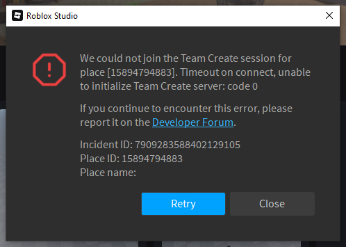 Timeout on connect, unable to initialize Team Create server: code 0 error - Platform Usage ...
