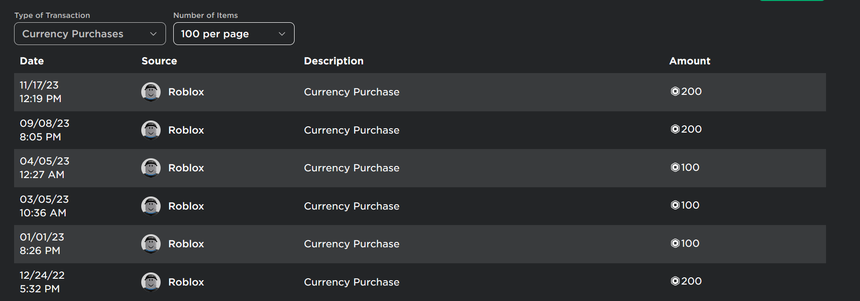 Currency purchases page displaying transactions I did not make - Roblox Application and Website ...