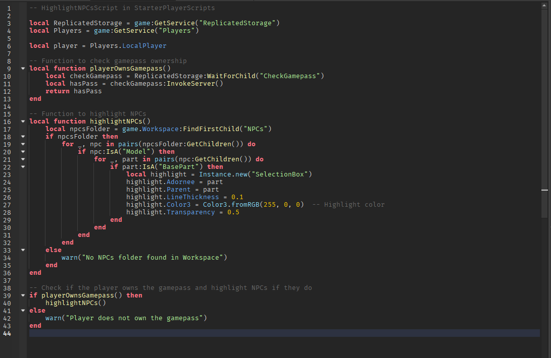 Trying to make a highlight npc gamepass - Scripting Support - Developer Forum | Roblox