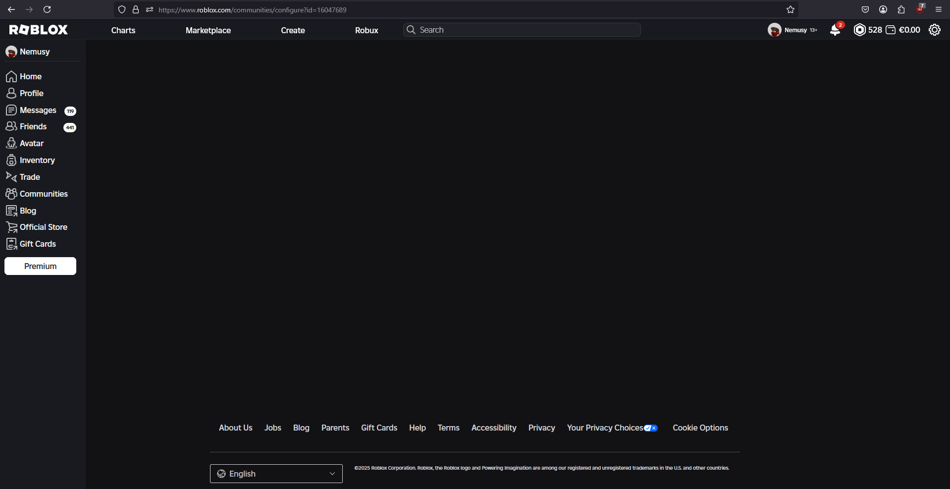 I cannot configure community settings anymore, week after i reset my cookies for roblox.com ...