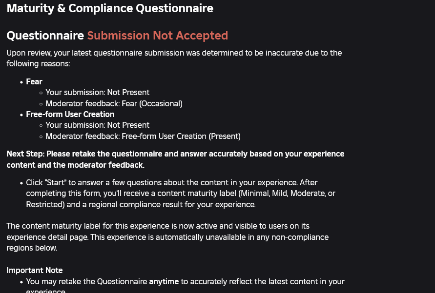Unrightful maturity & compliance questionnaire rejection - Roblox ...