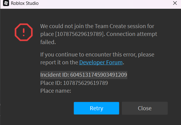 Studio Incident ID: 6045131745903491209 [ Could not join the team create session, connection ...
