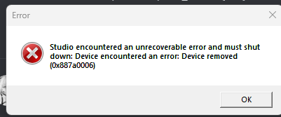 Studio encountered and unrecoverable error and must shut down - Platform Usage Support ...