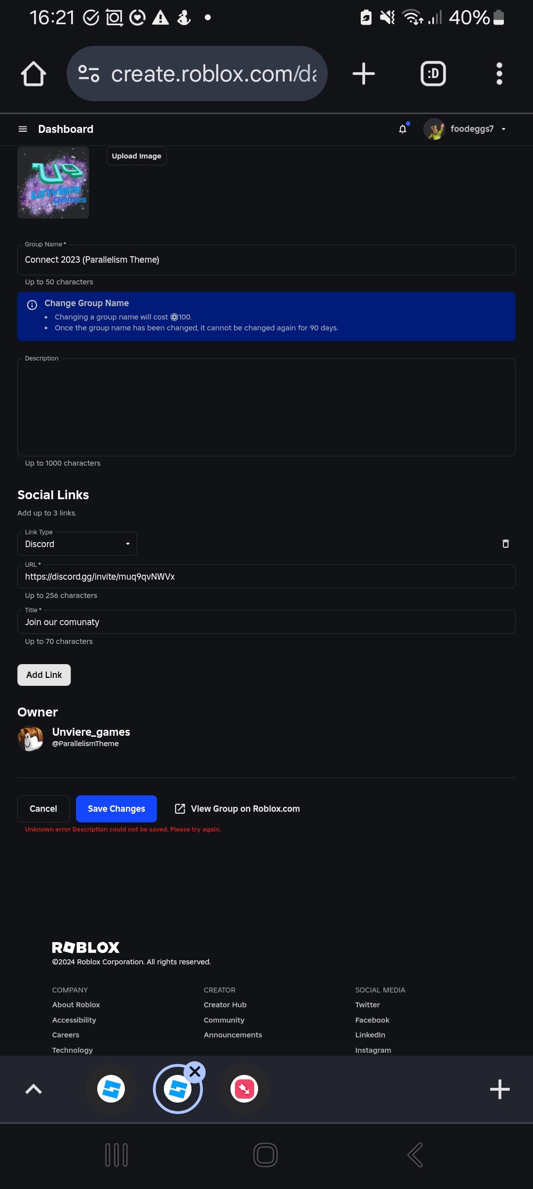 Unable to update experience place information on the creator hub - Creator Hub (create.roblox ...