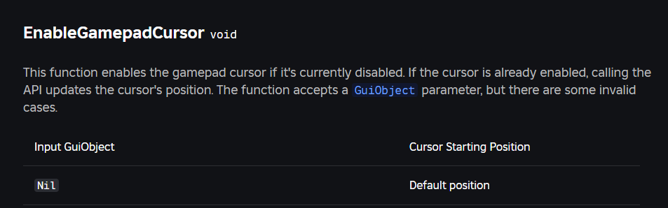 GamepadService:EnableGamepadCursor() errors instead of settings the cursor to default position ...