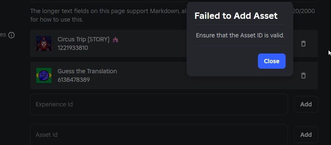 Unable to add Experience ID to My Creator Page - Creator Hub (create.roblox.com) Bugs ...
