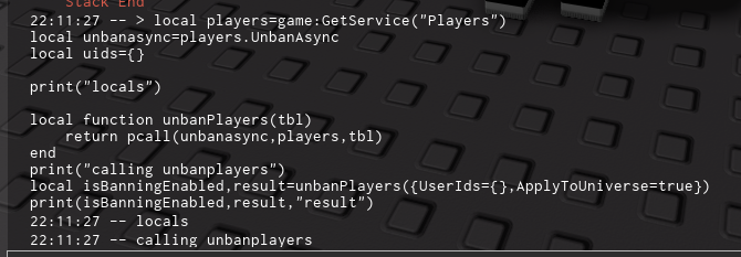 .UnbanAsync not working (pcall yielded forever not returning anything) - Scripting Support ...