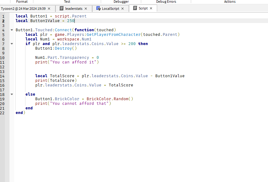 Leaderstats not decreasing when i have enough coins, saying "i cant afford it" - Scripting ...