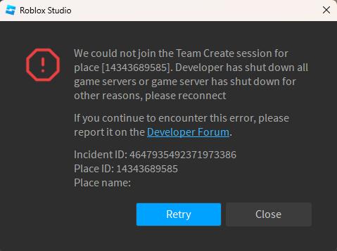 Unable to load into place "game server has shut down" message - Studio ...