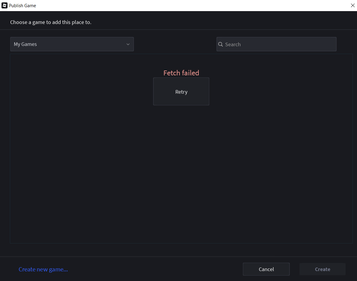 Publish Game window shows “Fetch failed” - Studio Bugs - Developer Forum | Roblox