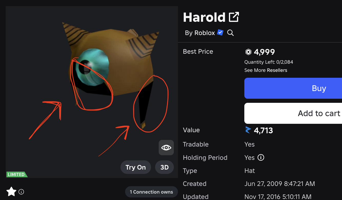 3 ROBLOX items; The Bluesteel Bathelm, Harold and Harriet, all contain ...