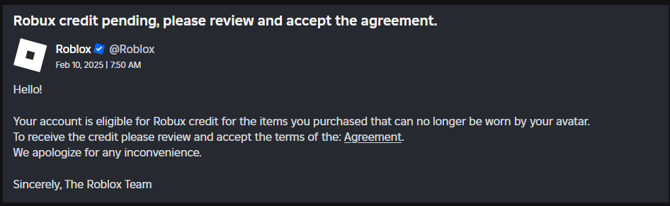 "Robux credit pending" agreement message redirects to Roblox home page ...