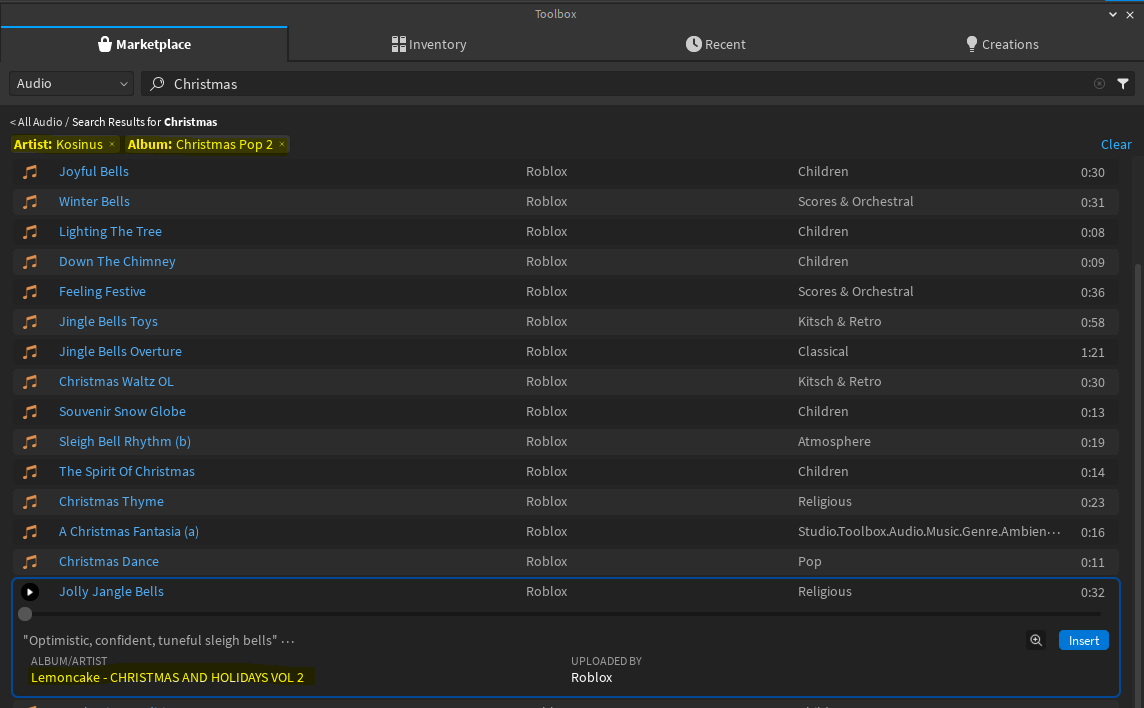 Toolbox: Artist and Album filter tags are not working - Studio Bugs - Developer Forum | Roblox
