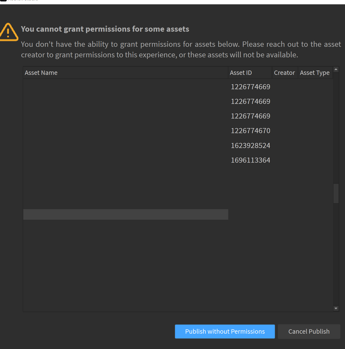 Can't publish local file to existing game, missing permissions of ...