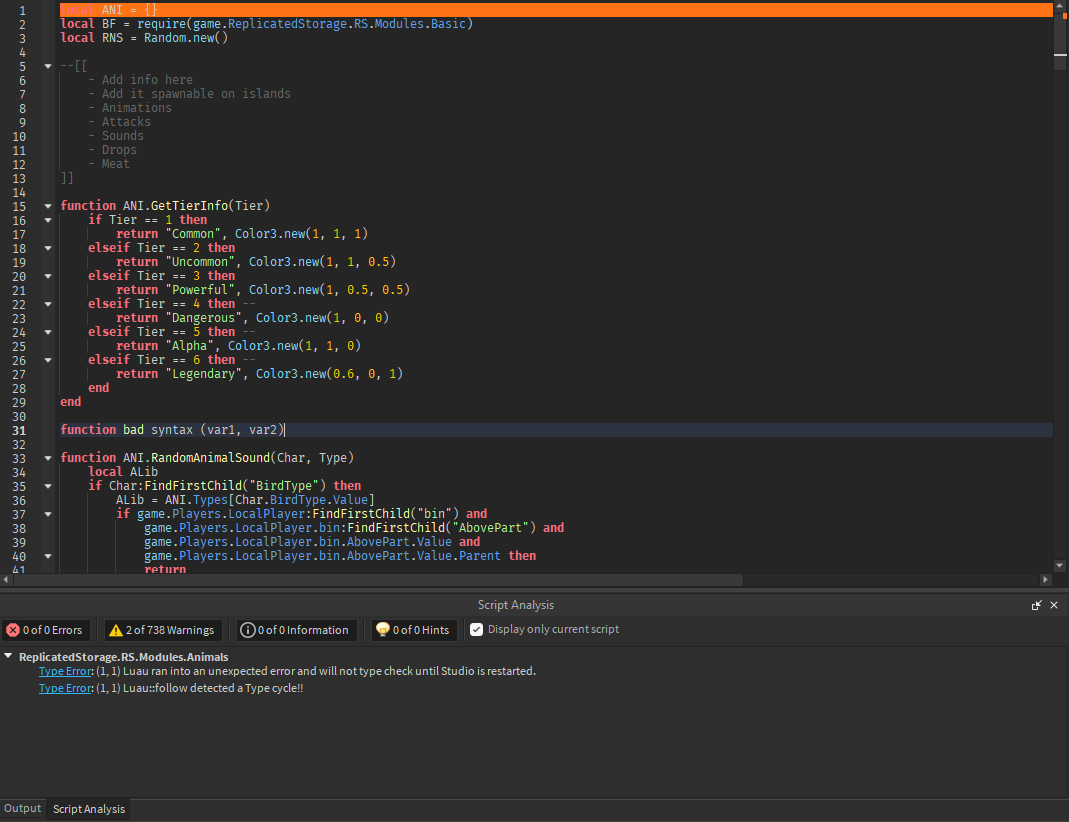 "Luau ran into an unexpected error" -- for all 736 scripts & modules in the game -- syntax ...