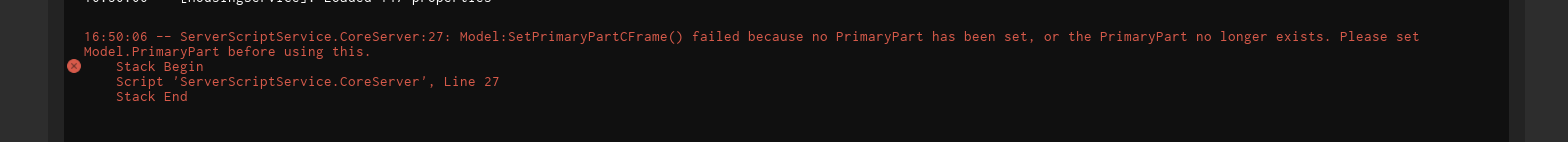 Model:SetPrimaryPartCFrame() failed - Scripting Support - Developer ...
