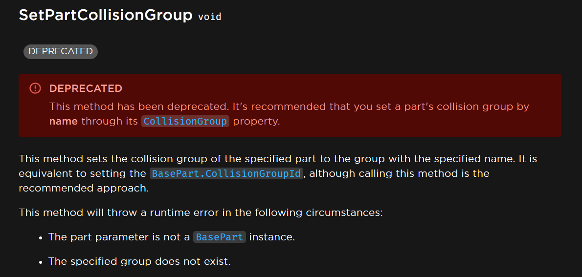 GetCollisionGroupName & SetPartCollisionGroup & CreateCollisionGroup is deprecated - Scripting ...